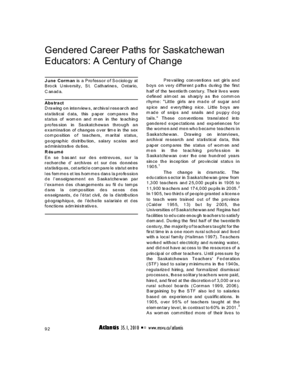 (PDF) Gendered Career Paths for Saskatchewan Educators: A Century of Change