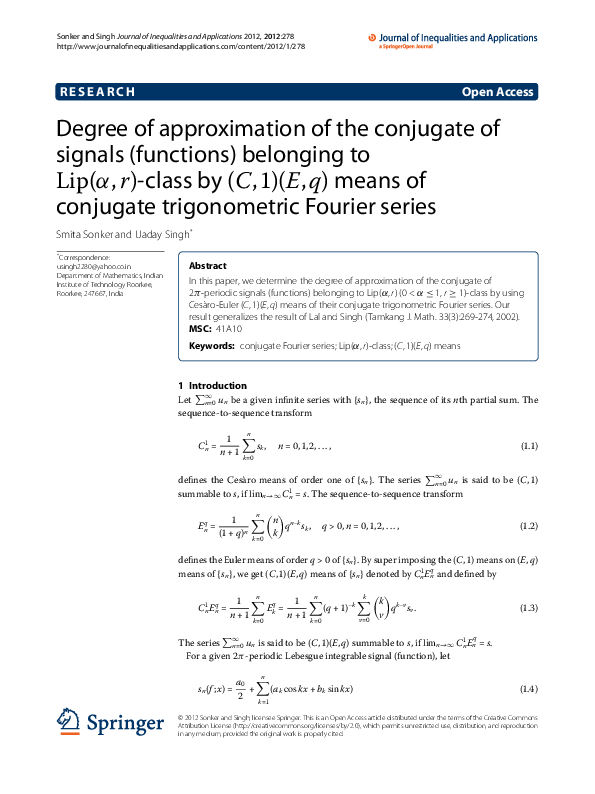 (PDF) Degree of approximation of the conjugate of signals (functions) belonging to Lip(α,r ...