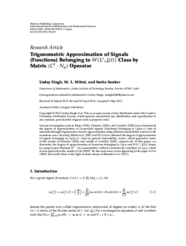 Pdf Trigonometric Approximation Of Signals Functions Belonging To 𝑊 𝐿𝑟 𝜉 𝑡 Class By Matrix