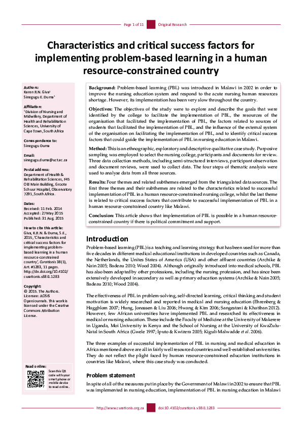 (PDF) Characteristics and critical success factors for implementing problem-based learning in a ...