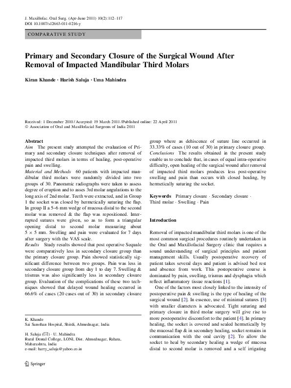 (PDF) Primary and Secondary Closure of the Surgical Wound After Removal ...