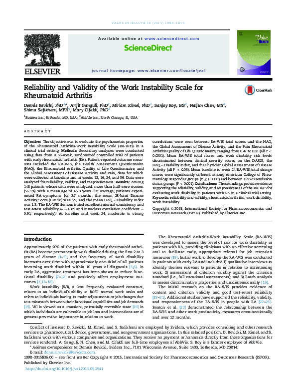 (PDF) Reliability and Validity of the Work Instability Scale for ...