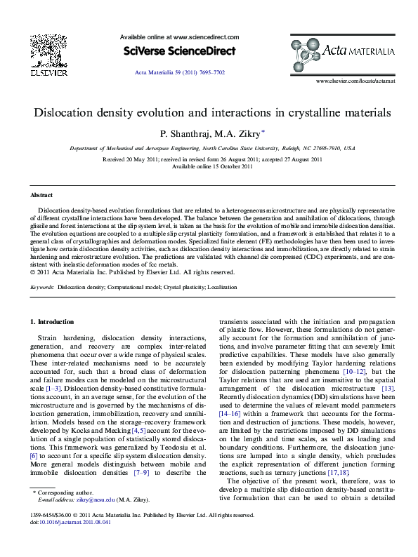 (PDF) Dislocation density evolution and interactions in crystalline ...