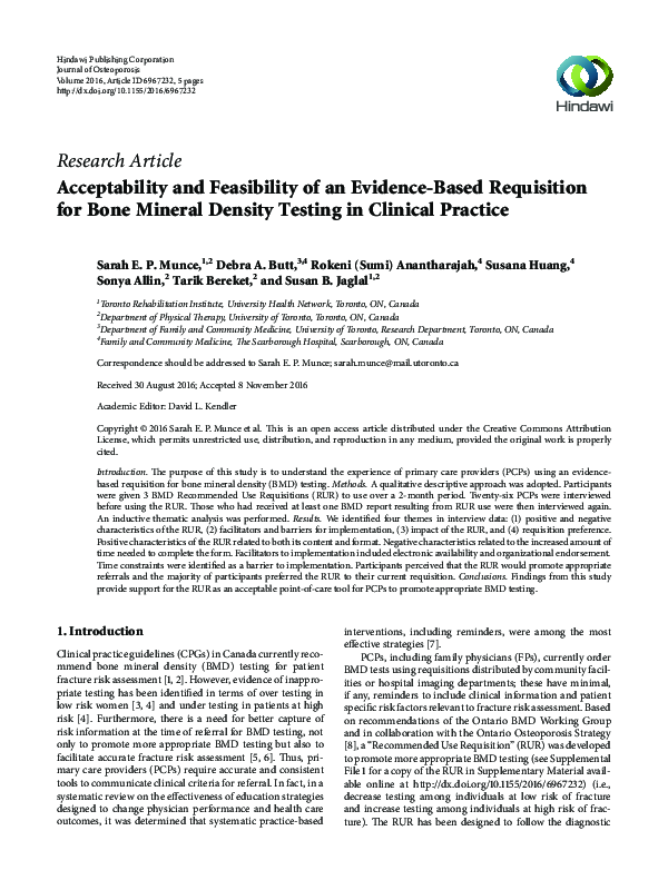 (PDF) Acceptability and Feasibility of an Evidence-Based Requisition for Bone Mineral Density ...