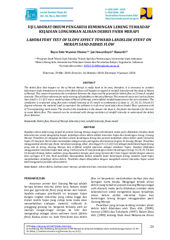 (PDF) Uji Laboratorium Pengaruh Kemiringan Lereng Terhadap Kejadian Longsoran Aliran Debris ...