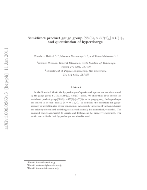 (PDF) Semidirect product gauge group [SU(3)c SU(2)L]rU(1)Y and ...