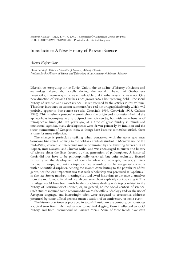 (PDF) Introduction: A New History of Russian Science