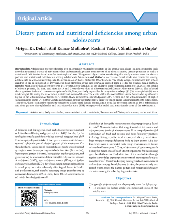 (PDF) Dietary pattern and nutritional deficiencies among urban adolescents