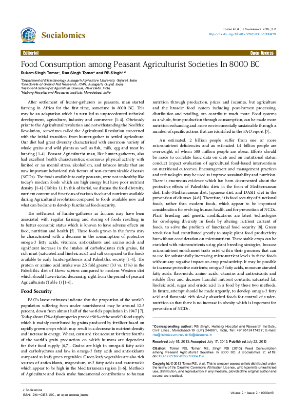 (PDF) Food Consumption among Peasant Agriculturist Societies In 8000 BC