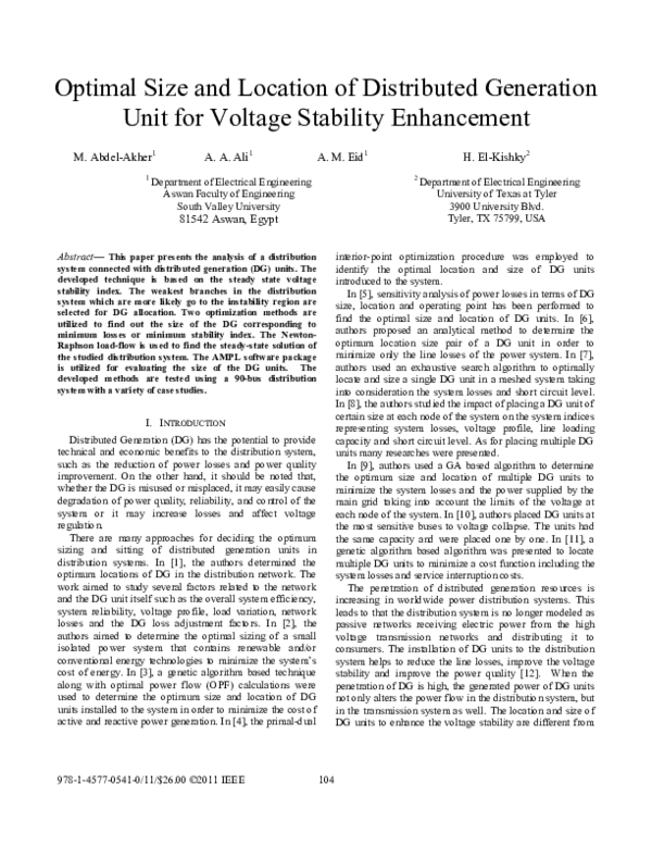(PDF) Optimal size and location of distributed generation unit for voltage stability enhancement