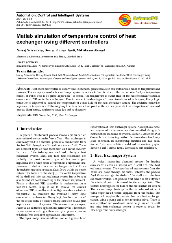 (PDF) Matlab Simulation of Temperature Control of Heat Exchanger using ...
