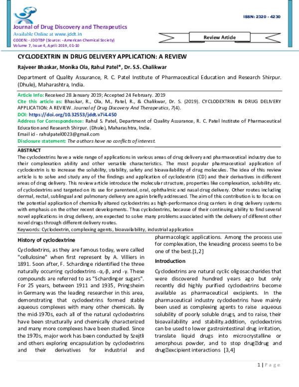 (PDF) Cyclodextrin in Drug Delivery Application: A Review