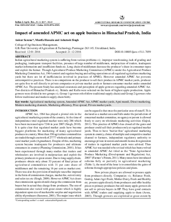 (PDF) Impact of amended APMC act on apple business in Himachal Pradesh, India