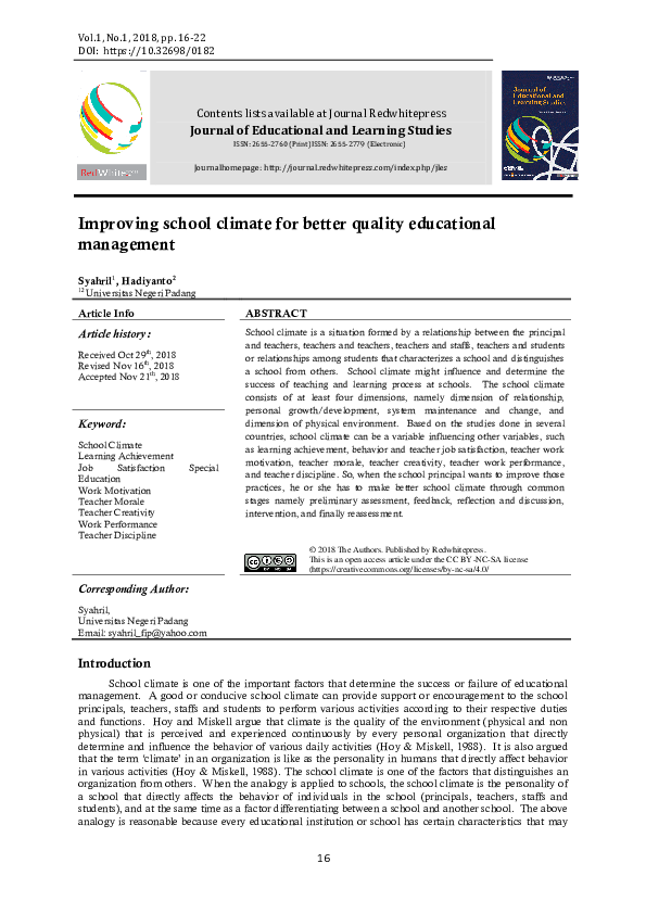 (PDF) Improving School Climate for Better Quality Educational Management