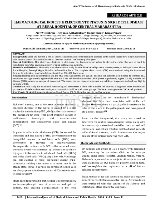 (PDF) Haematological indices and electrolyte status in sickle cell ...