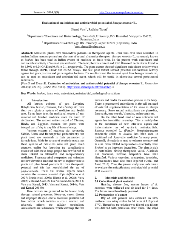 (PDF) Evaluation of antioxidant and antimicrobial potential of Bacopa monnieri L