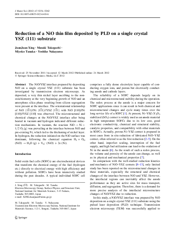 (PDF) Reduction of a NiO thin film deposited by PLD on a single crystal ...