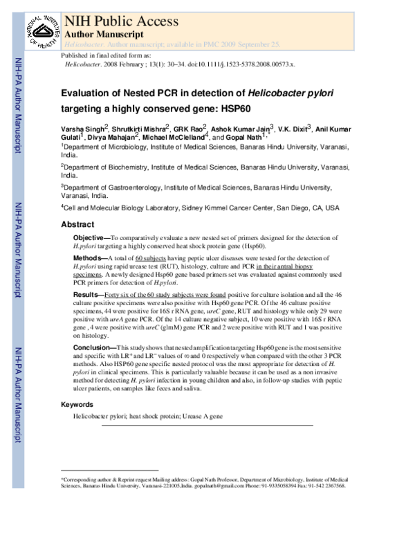 (PDF) Evaluation of Nested PCR in Detection of Helicobacter pylori ...