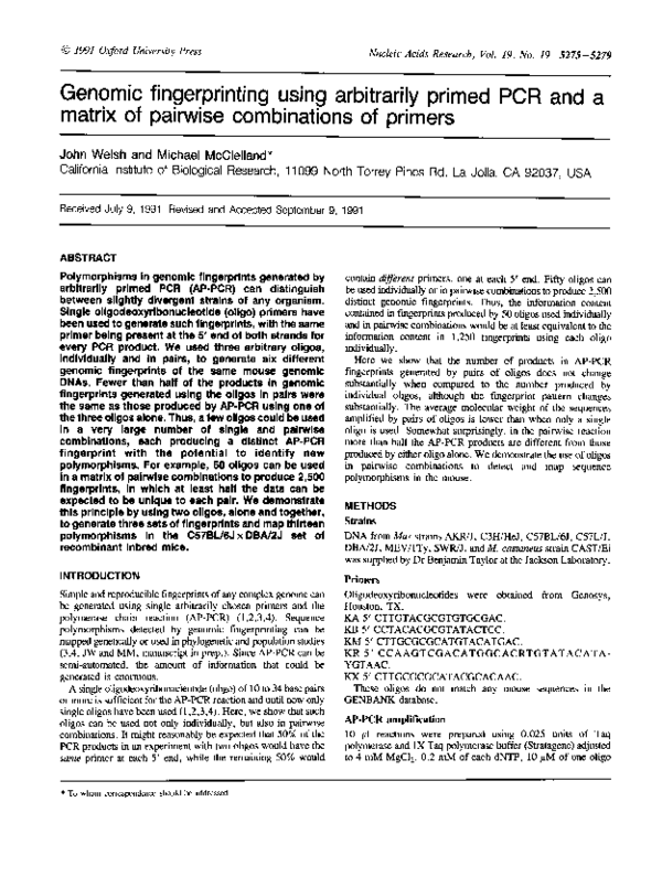 (PDF) Genomic fingerprinting using arbitrarily primed PCR and a matrix ...