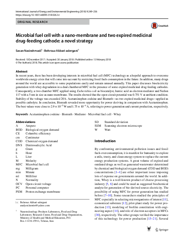 (PDF) Microbial fuel cell with a nano-membrane and two expired medicinal drug-feeding cathode: a ...