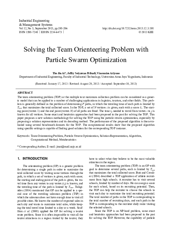 (PDF) Solving the Team Orienteering Problem with Particle Swarm Optimization