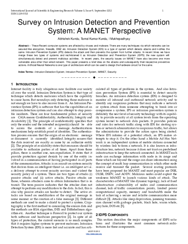Pdf Survey On Intrusion Detection And Prevention System A Manet Perspective