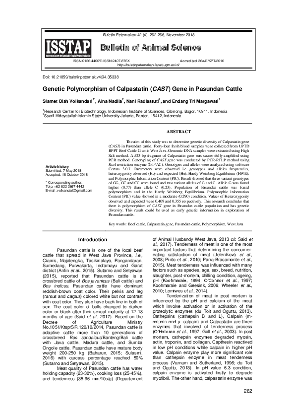 (PDF) Genetic Polymorphism of Calpastatin (CAST) Gene in Pasundan Cattle