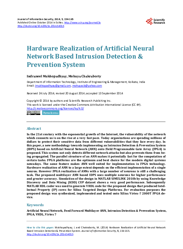 Pdf Hardware Realization Of Artificial Neural Network Based Intrusion