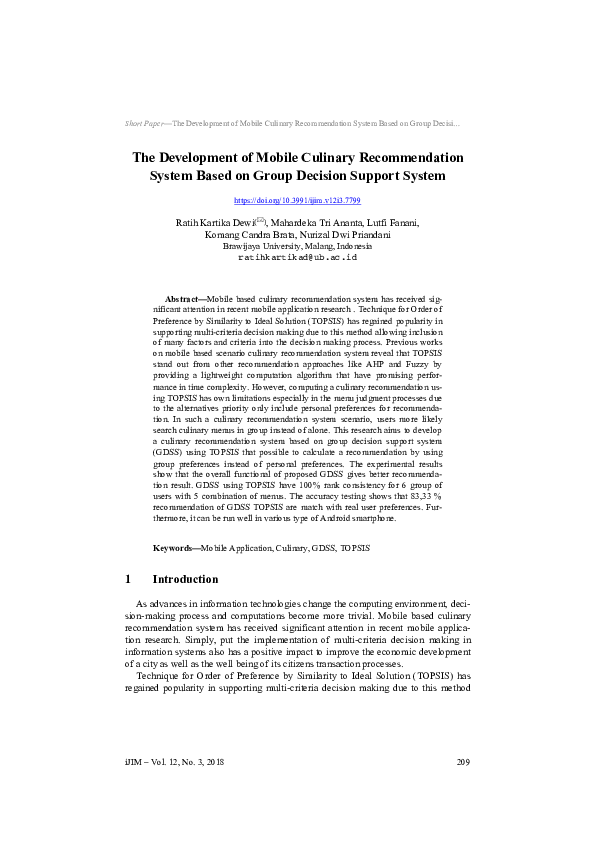 Pdf The Development Of Mobile Culinary Recommendation System Based On Group Decision Support