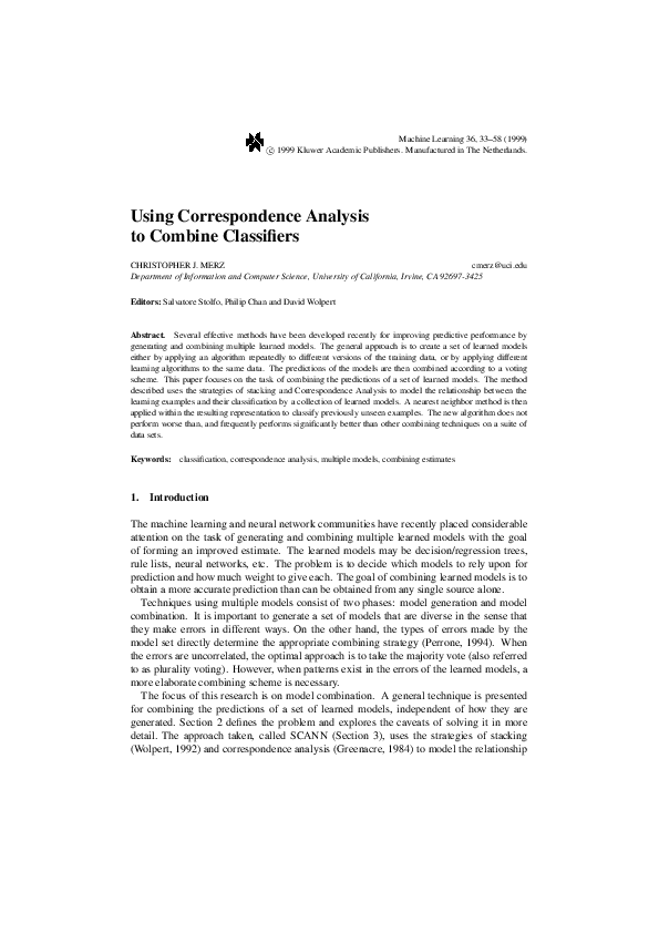(PDF) Using correspondence analysis to combine classifiers