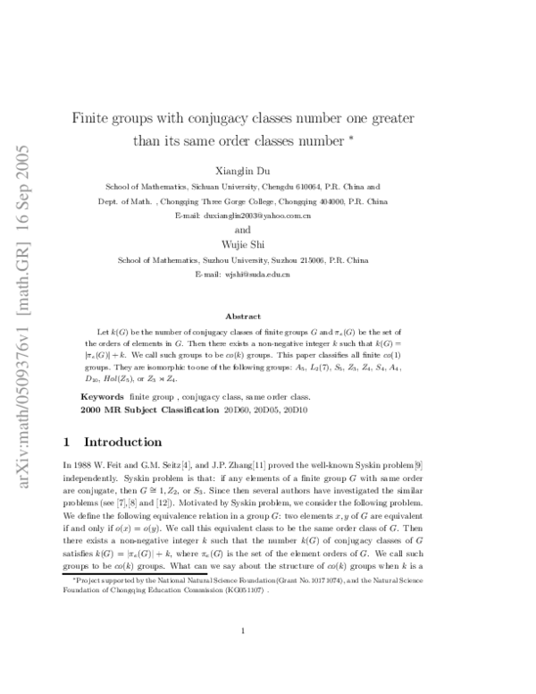 Pdf Finite Groups With Conjugacy Classes Number One Greater Than Its