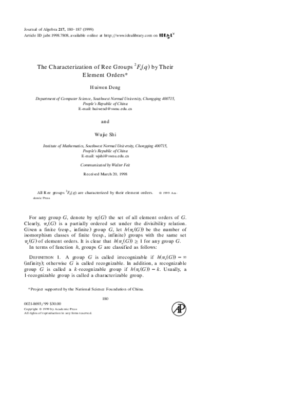 (PDF) The Characterization of Ree Groups 2F4(q) by Their Element Orders