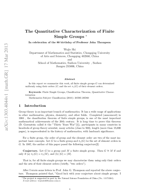 (PDF) The Quantitative Characterization of Finite Simple Groups