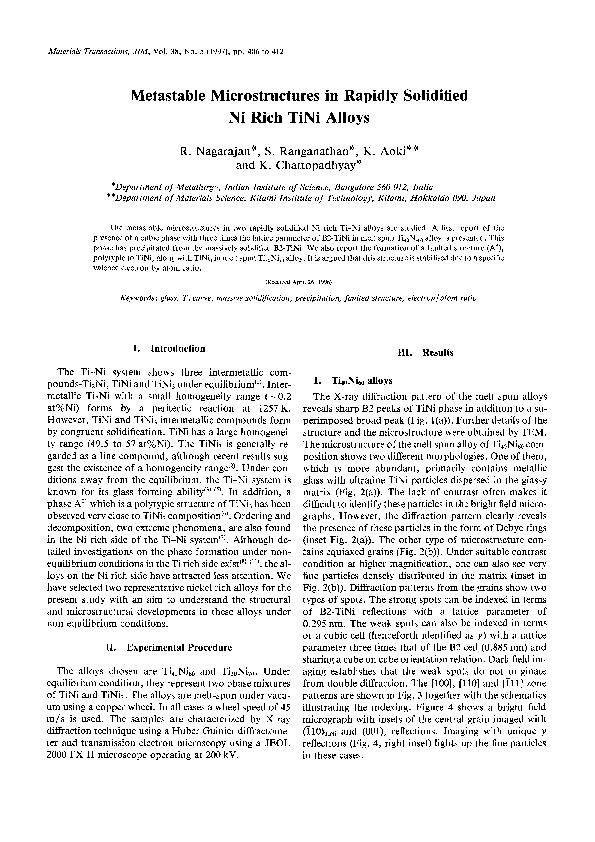 (PDF) Metastable Microstructures in Rapidly Solidified Ni Rich TiNi Alloys
