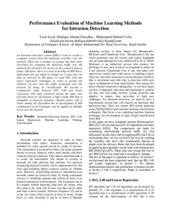 Pdf Performance Evaluation Of Machine Learning Methods For Intrusion Detection