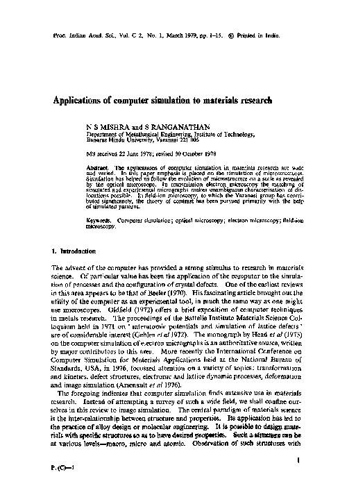 (PDF) Applications of computer simulation to materials research