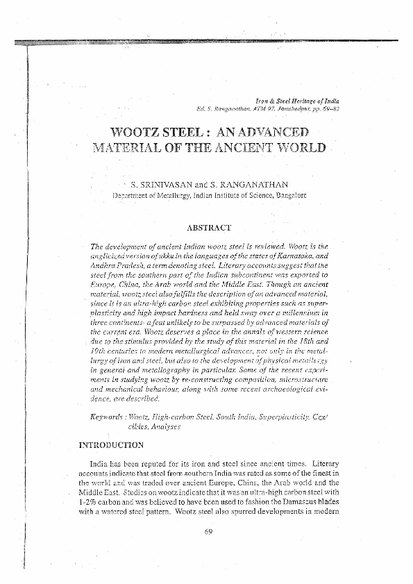 (PDF) WOOTZ STEEL : AN ADvANCED ' AT OF THE ANCIENT WORLD
