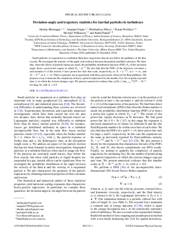 (PDF) Deviation-angle and trajectory statistics for inertial particles in turbulence