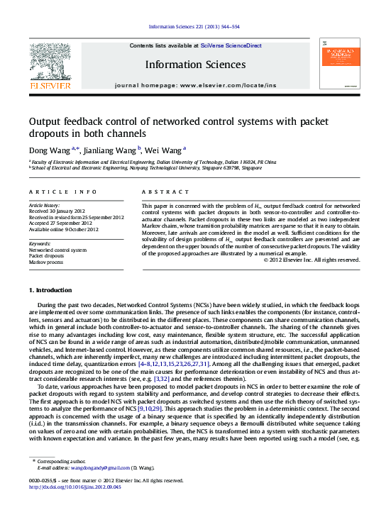 (PDF) Output feedback control of networked control systems with packet dropouts in both channels