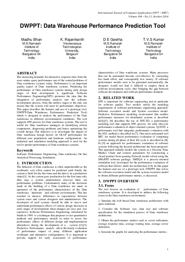 (PDF) DWPPT: Data Warehouse Performance Prediction Tool