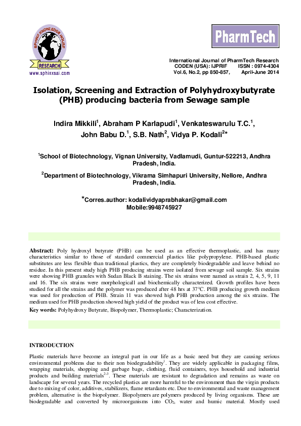 (PDF) Isolation, Screening and Extraction of Polyhydroxybutyrate (PHB) producing bacteria from ...