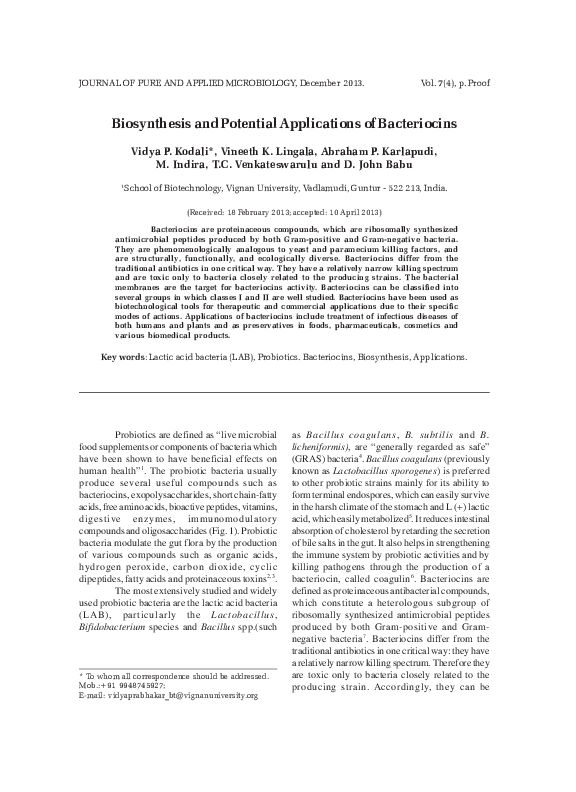 Pdf Biosynthesis And Potential Applications Of Bacteriocins