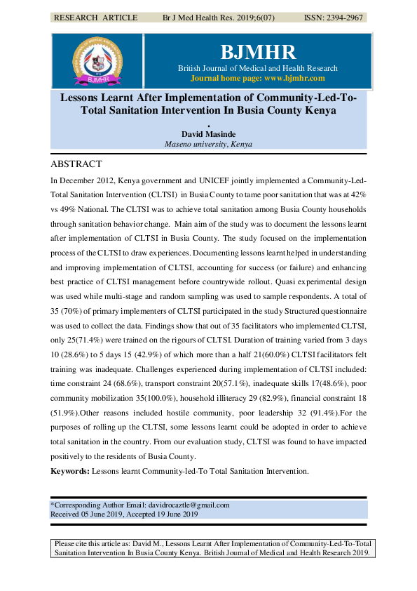 (PDF) Lessons Learnt After Implementation of Community-Led-To-Total ...