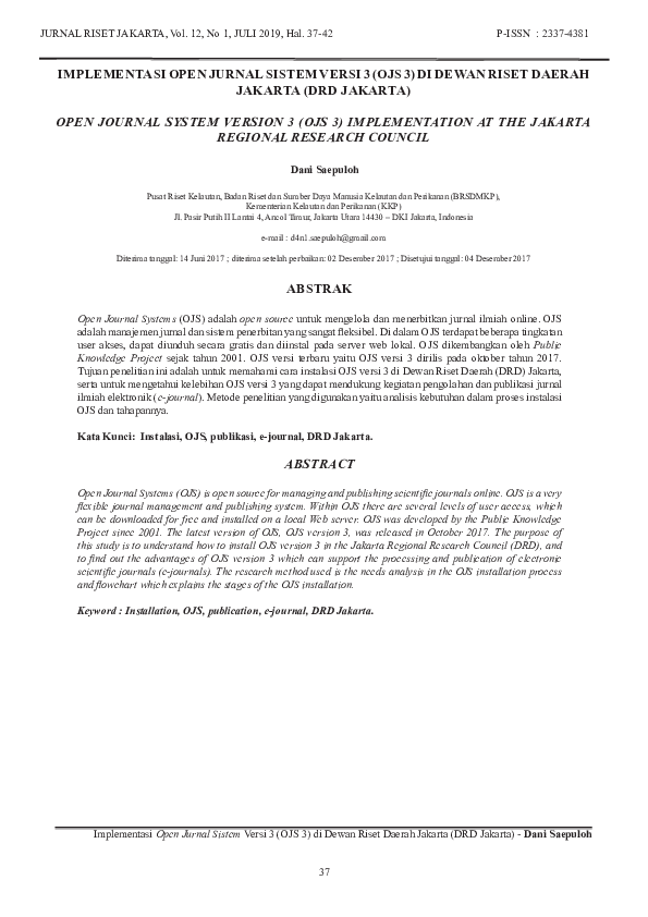(PDF) Implementasi Open Jurnal Sistem Version 3 (OJS 3) di Dewan Riset Daerah Jakarta (DRD Jakarta)