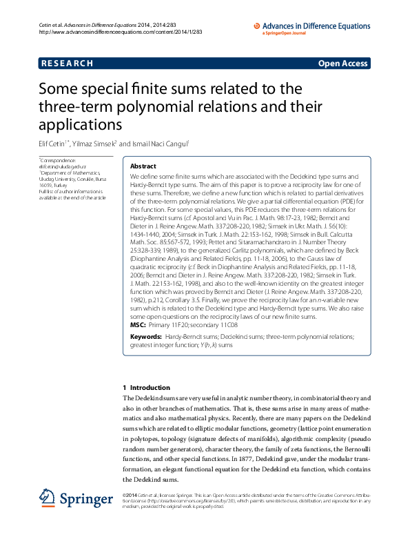(PDF) Some special finite sums related to the three-term polynomial relations and their applications