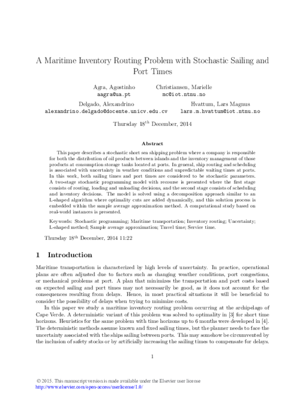 (PDF) A Maritime Inventory Routing Problem with Stochastic Sailing and Port Times