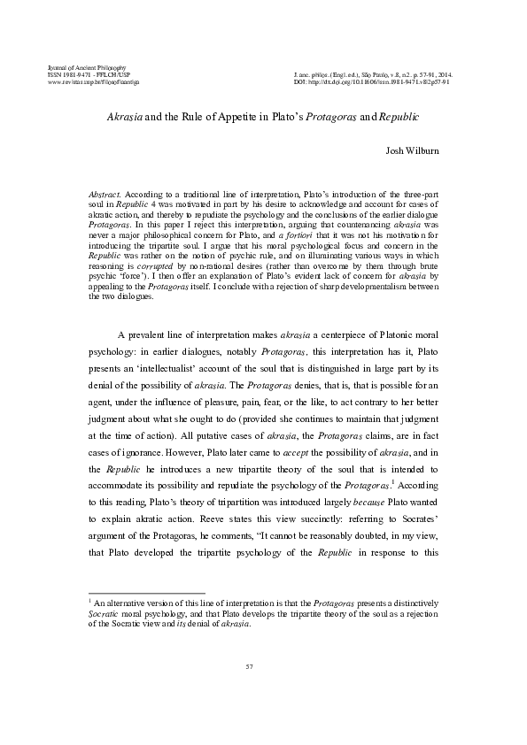 (PDF) Akrasia and the Rule of Appetite in Plato's Protagoras and ...
