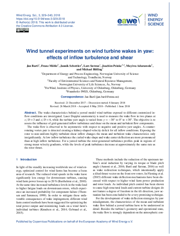 (PDF) Wind tunnel experiments on wind turbine wakes in yaw: effects of ...