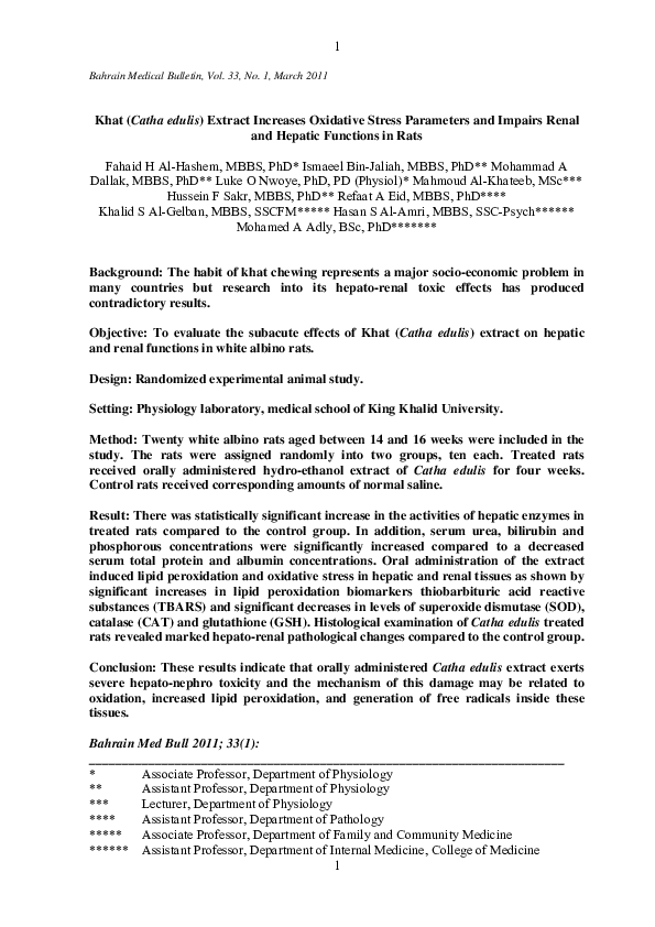 (PDF) Khat (Catha edulis) Extract Increases Oxidative Stress Parameters ...