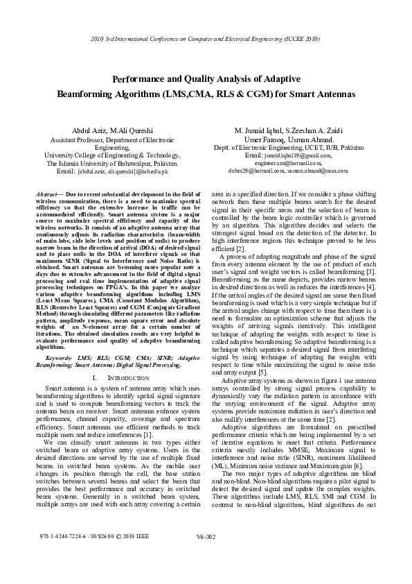(PDF) Performance and Quality Analysis of Adaptive Beamforming Algorithms (LMS, CMA, RLS & CGM ...